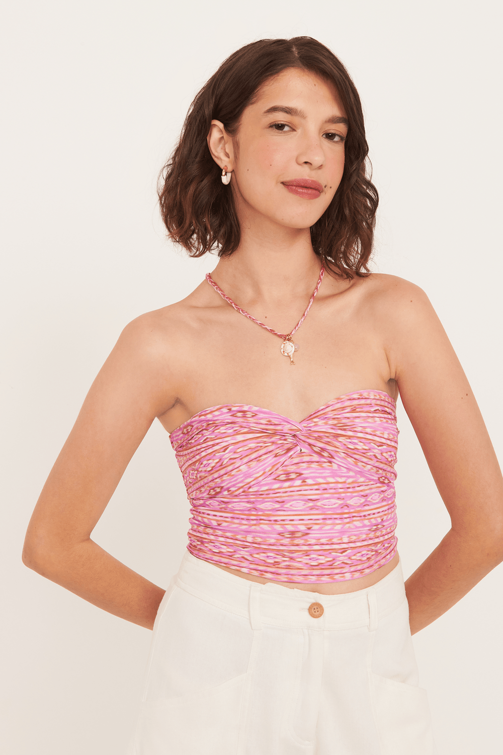 cropped sem alça luna estampa ikat rosado - Garage Rio